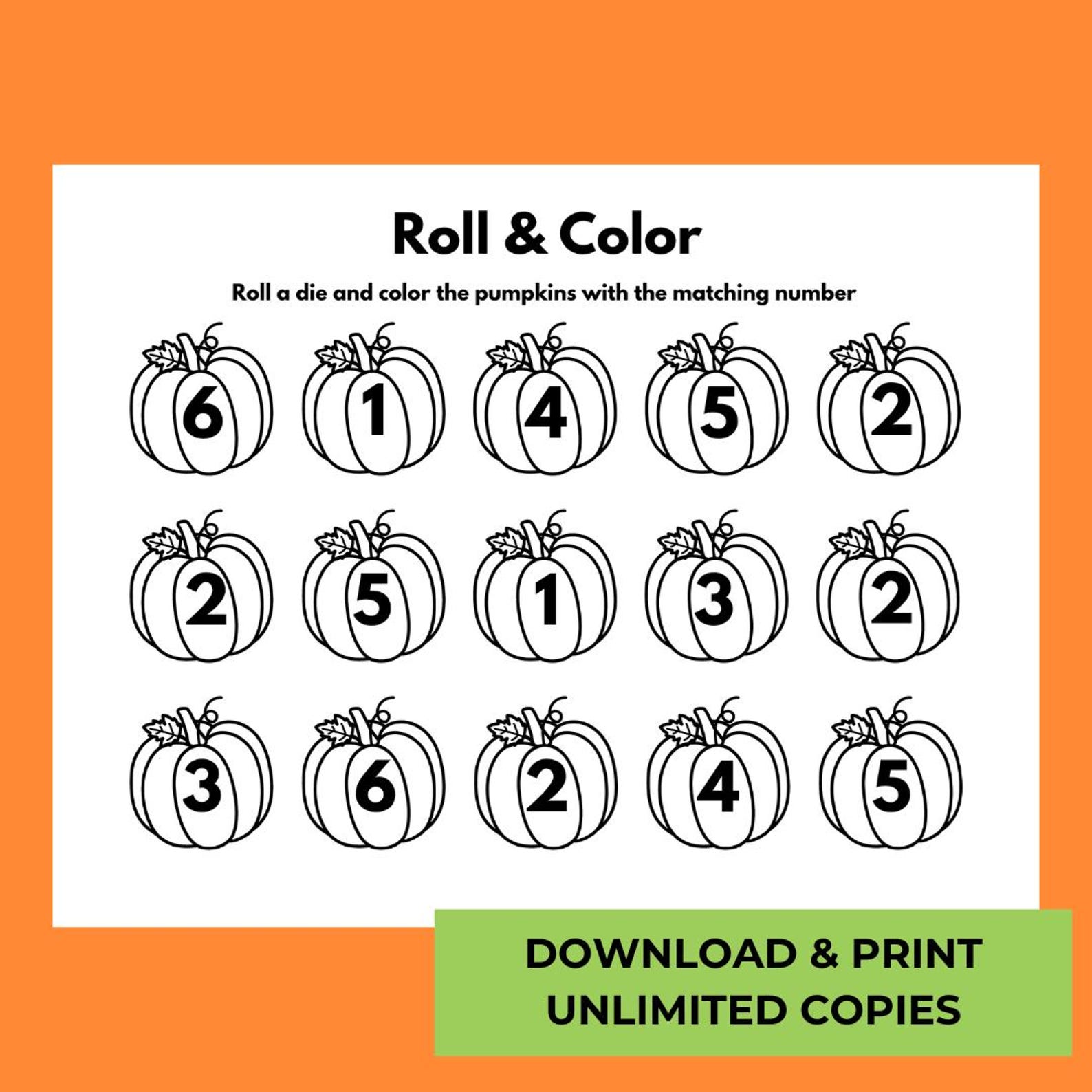 Roll and Color Pumpkin Printable Kids Numbers Game Fall Math Activity ...