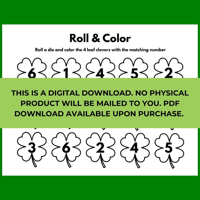 Roll and Color 4 Leaf Clover Printable Kids Numbers Game St. Patrick's ...
