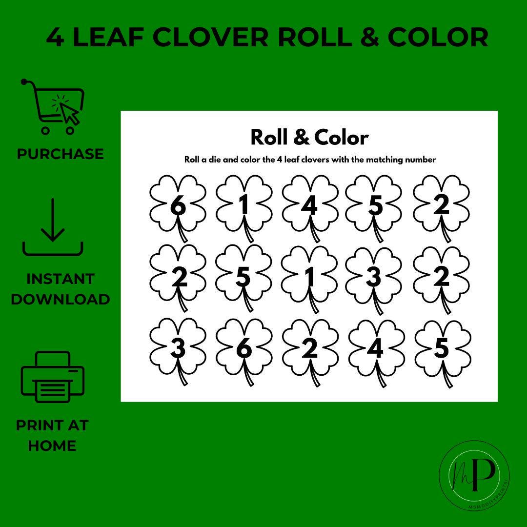Roll and Color 4 Leaf Clover Printable Kids Numbers Game St. Patrick's ...