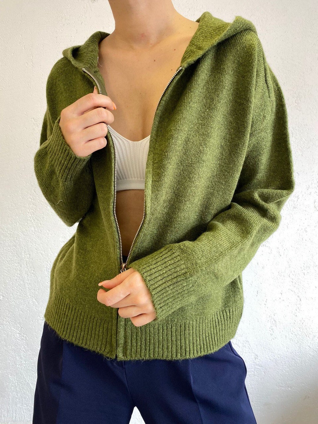 Khaki Knit Cardigan With Hoodie Soft Sweater Loose Fit Zipper Cardigan ...