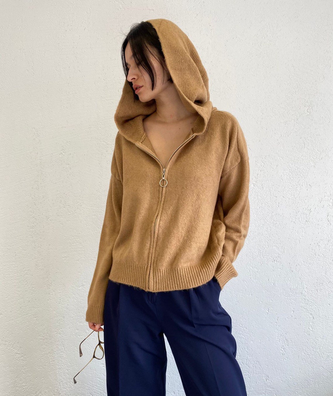 Khaki Knit Cardigan With Hoodie Soft Sweater Loose Fit Zipper Cardigan ...