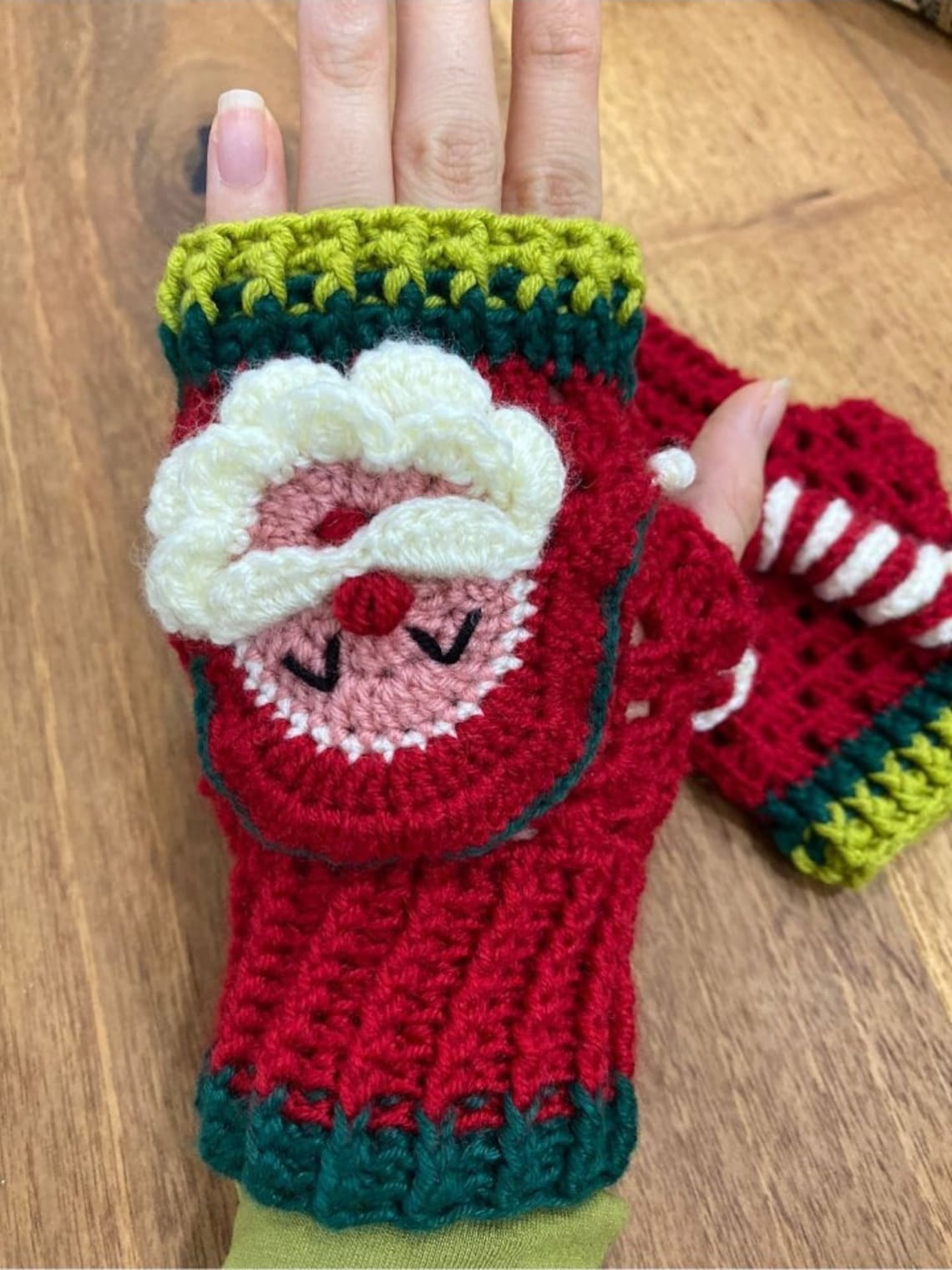 Crochet Christmas Mittens Fingerless Santa Gloves Red and Green Holiday ...