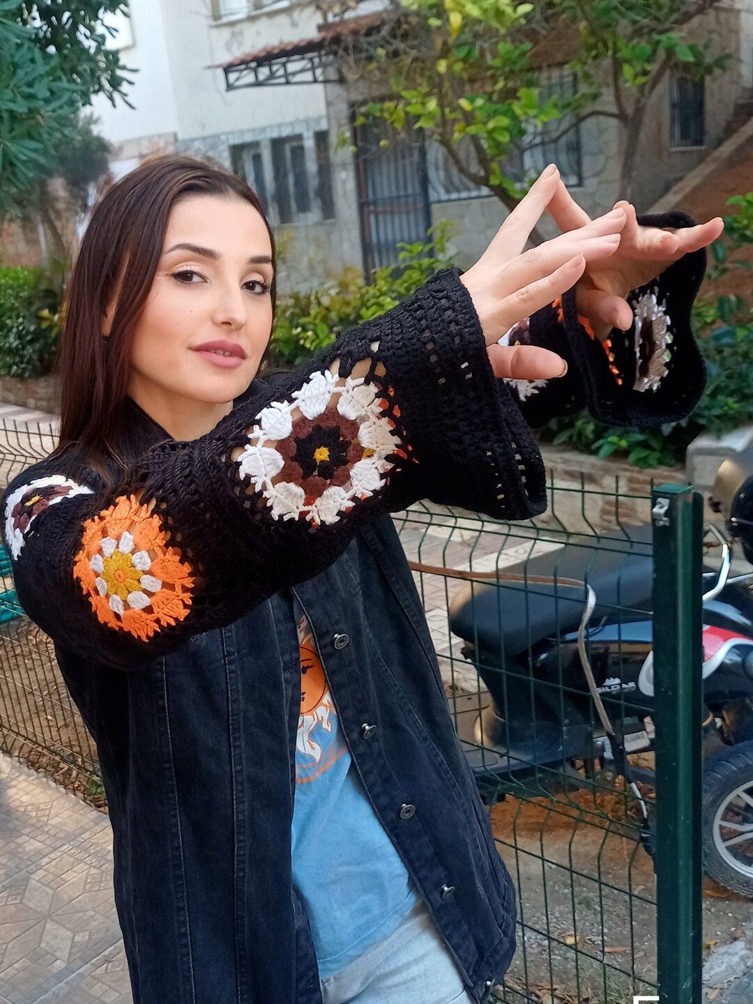Black Denim Jacket With Crochet Sleeves Upcycled Long Denim - Etsy