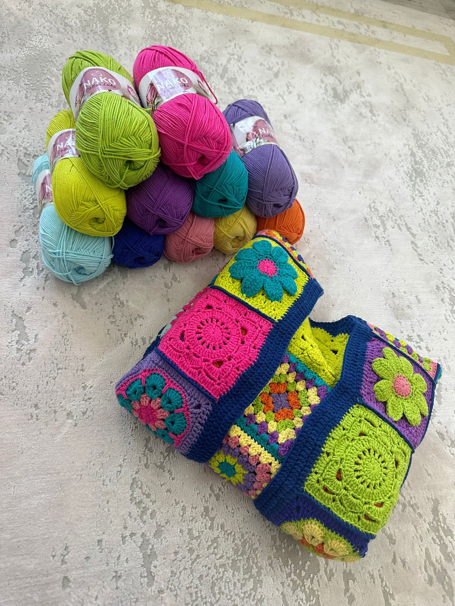 Boho Granny Square Crochet Cardigan in Neon Colors Long Women's Sweater ...