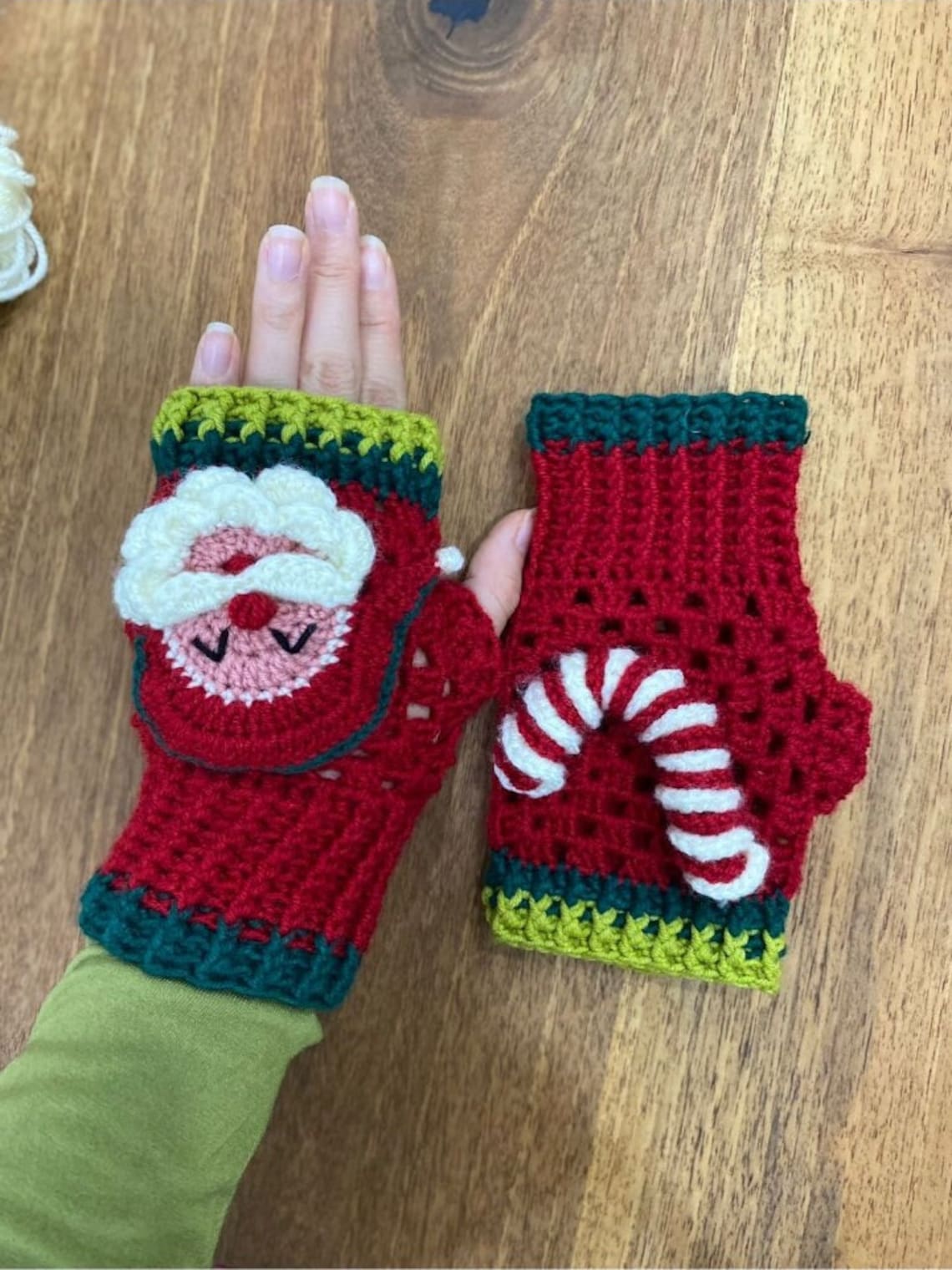 Crochet Christmas Mittens Fingerless Santa Gloves Red and Green Holiday ...