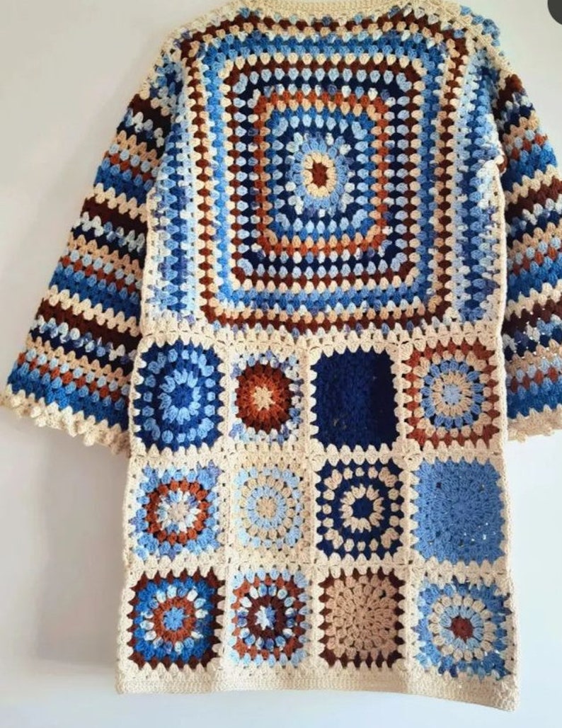 Pastel Blue Granny Square Cardigan Hip-length Crochet Sweater Afghan ...