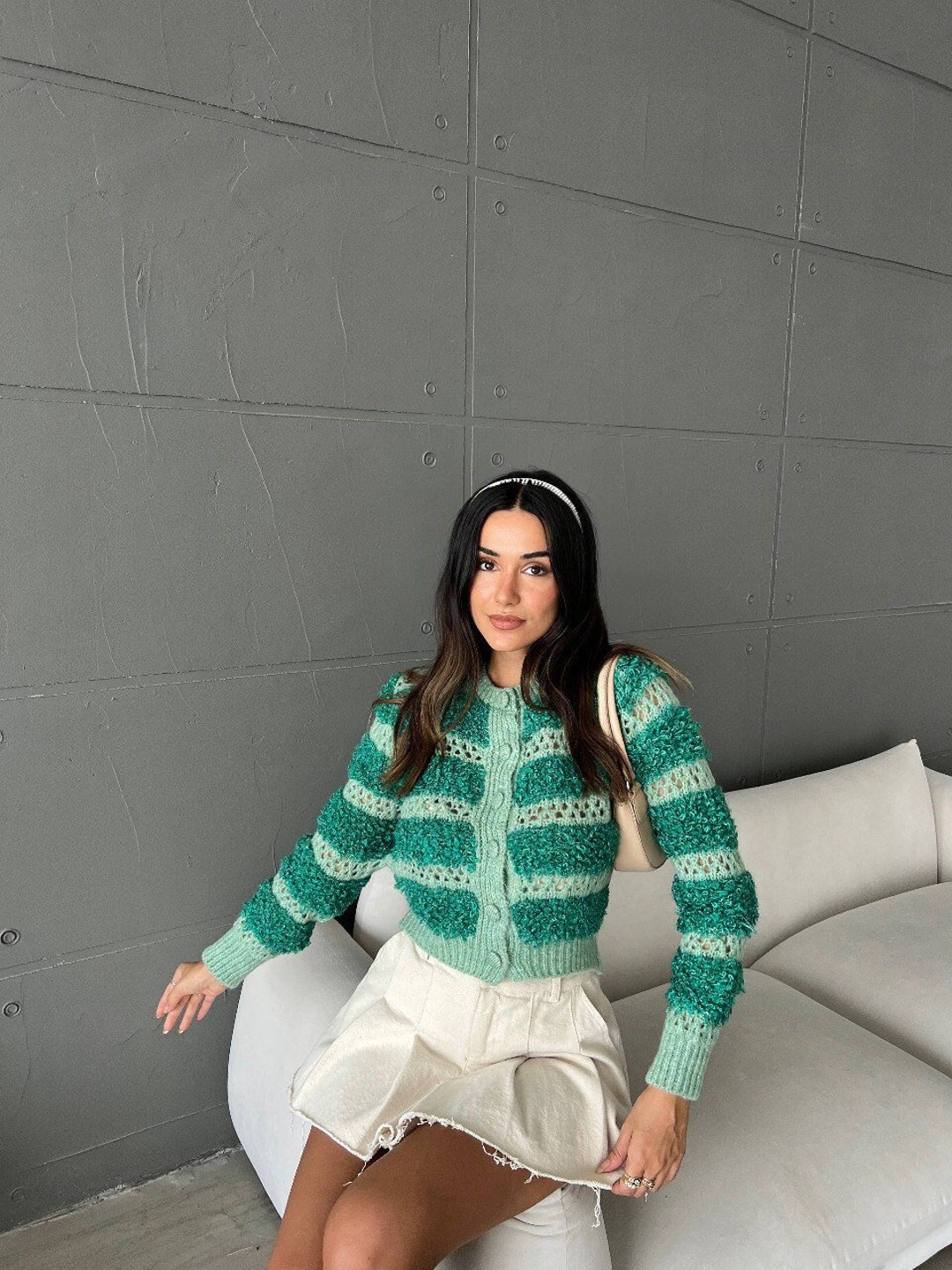 Green Fuzzy Sweater With Crochet Knit and Button-up Crop - Etsy