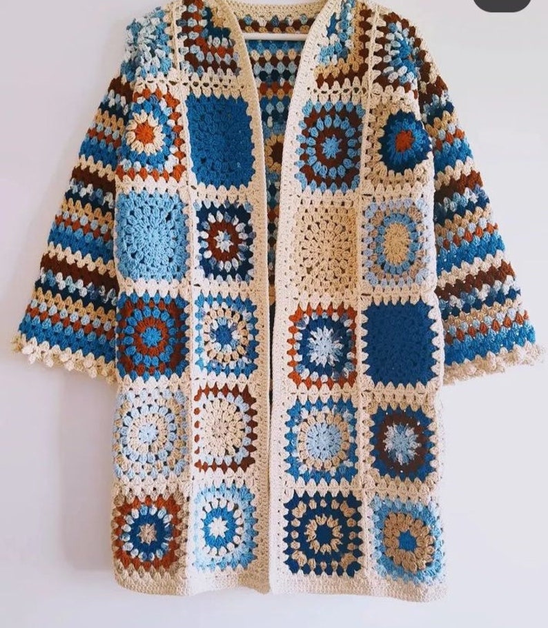 Pastel Blue Granny Square Cardigan Hip-length Crochet Sweater Afghan ...