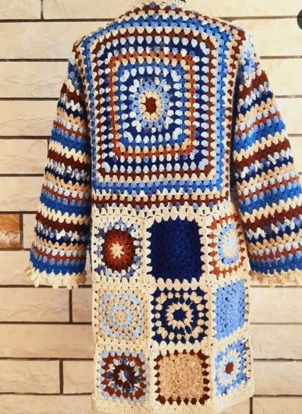 Pastel Blue Granny Square Cardigan Hip-length Crochet Sweater Afghan ...
