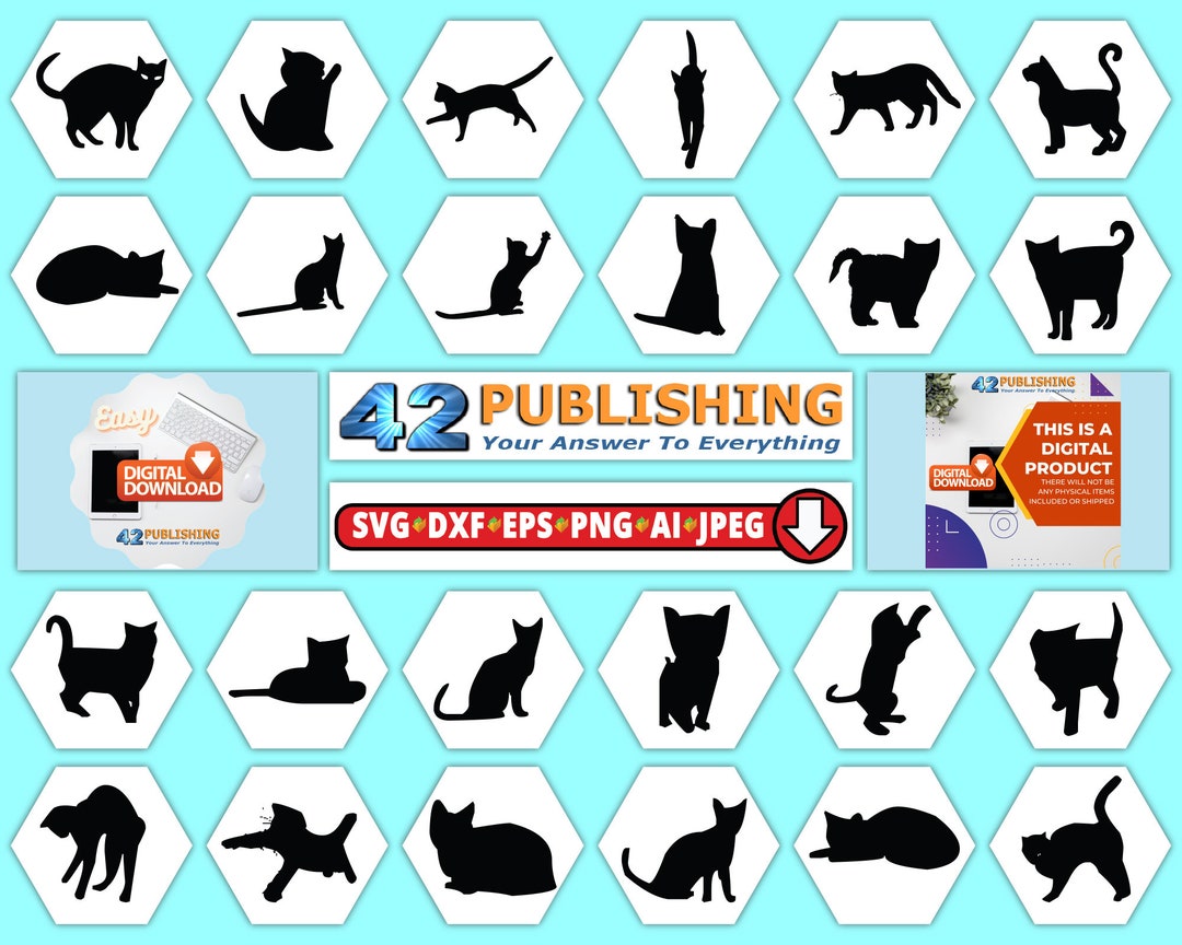 Hand Drawn Cat Icon Set, Silhouettes of Cats Bundle SVG, Cat Silhouette ...