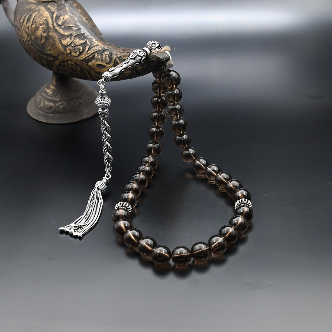 Turkish 33 Prayer Beads, Natural Smoky Quartz Gemstone Tasbih, 925 ...
