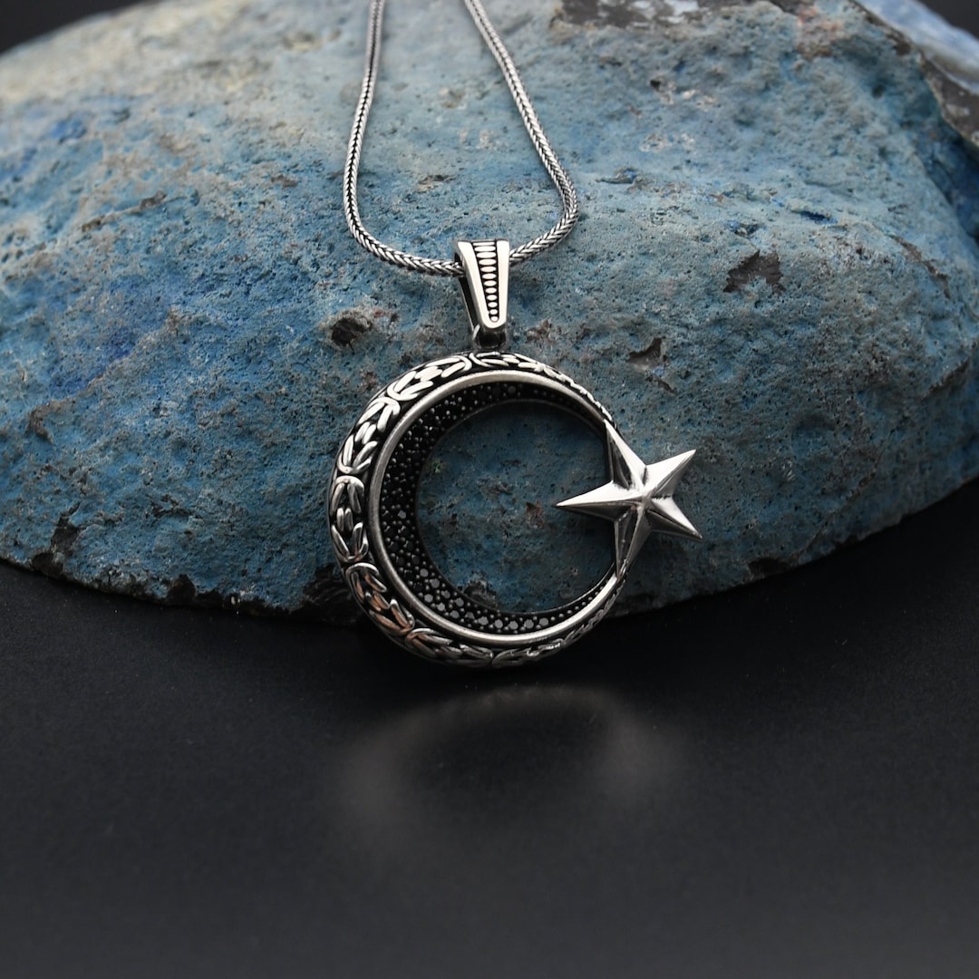 Crescent and Star Silver Necklace, Byzantine Chain Design Necklace ...