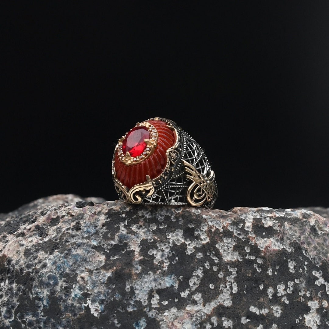 Ottoman Sultan's Signature Ring, Handmade Jewelry, Red Garnet With ...