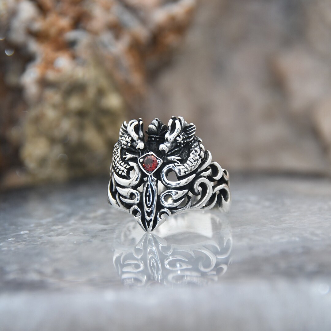 Dragon Silver Ring , 925 Sterling Silver Ring, Red Garnet Gemstone Ring ...