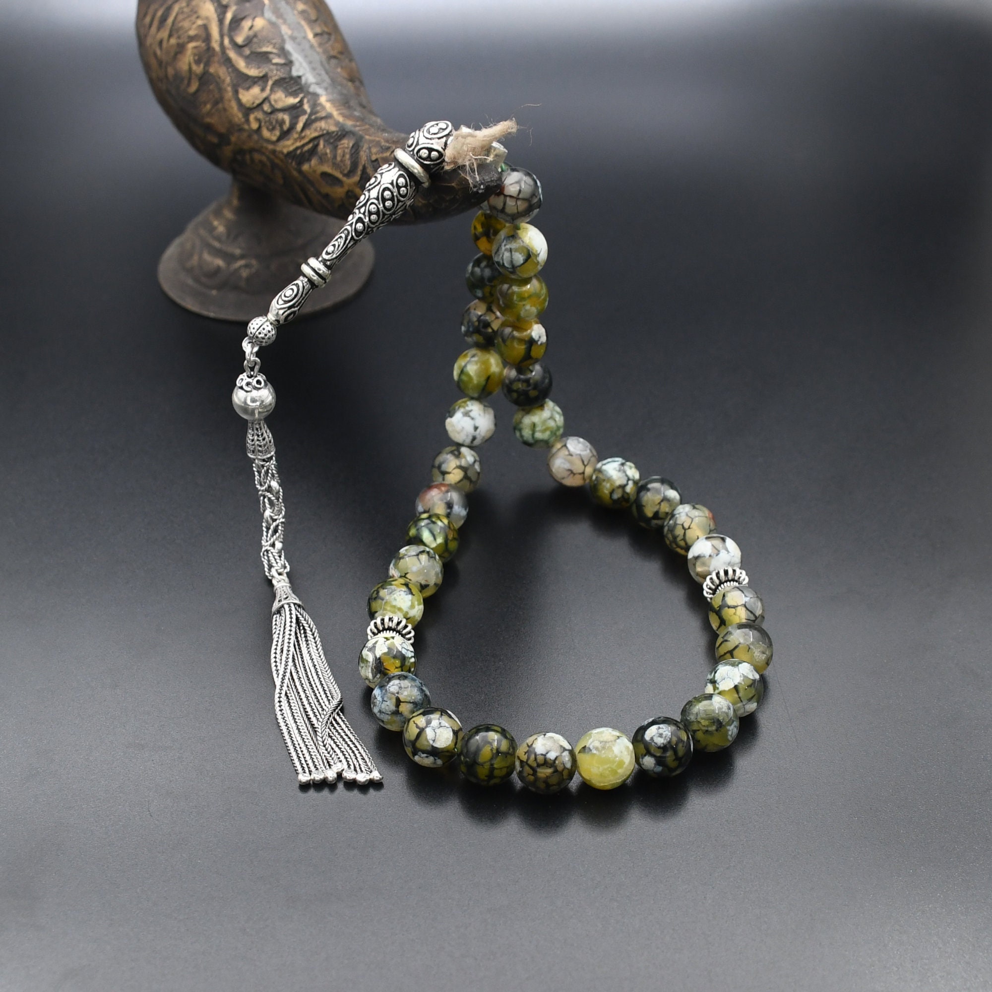925 Sterling Silver Prayer Beads, Natural Spider Agate Gemstone Tasbih ...