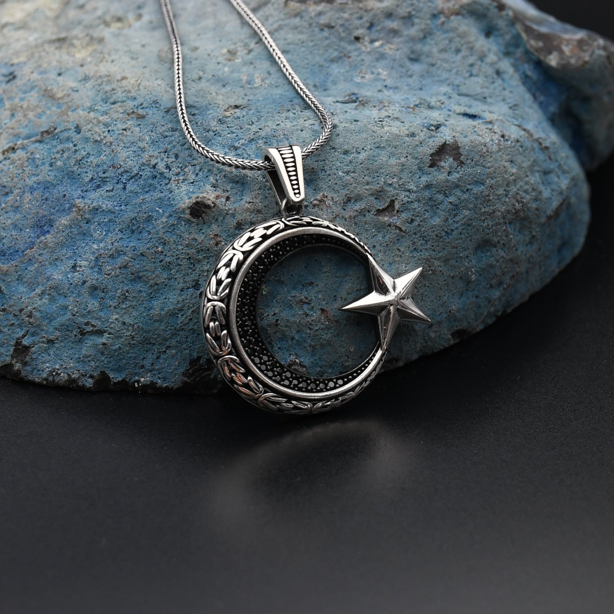 Crescent and Star Silver Necklace, Byzantine Chain Design Necklace ...