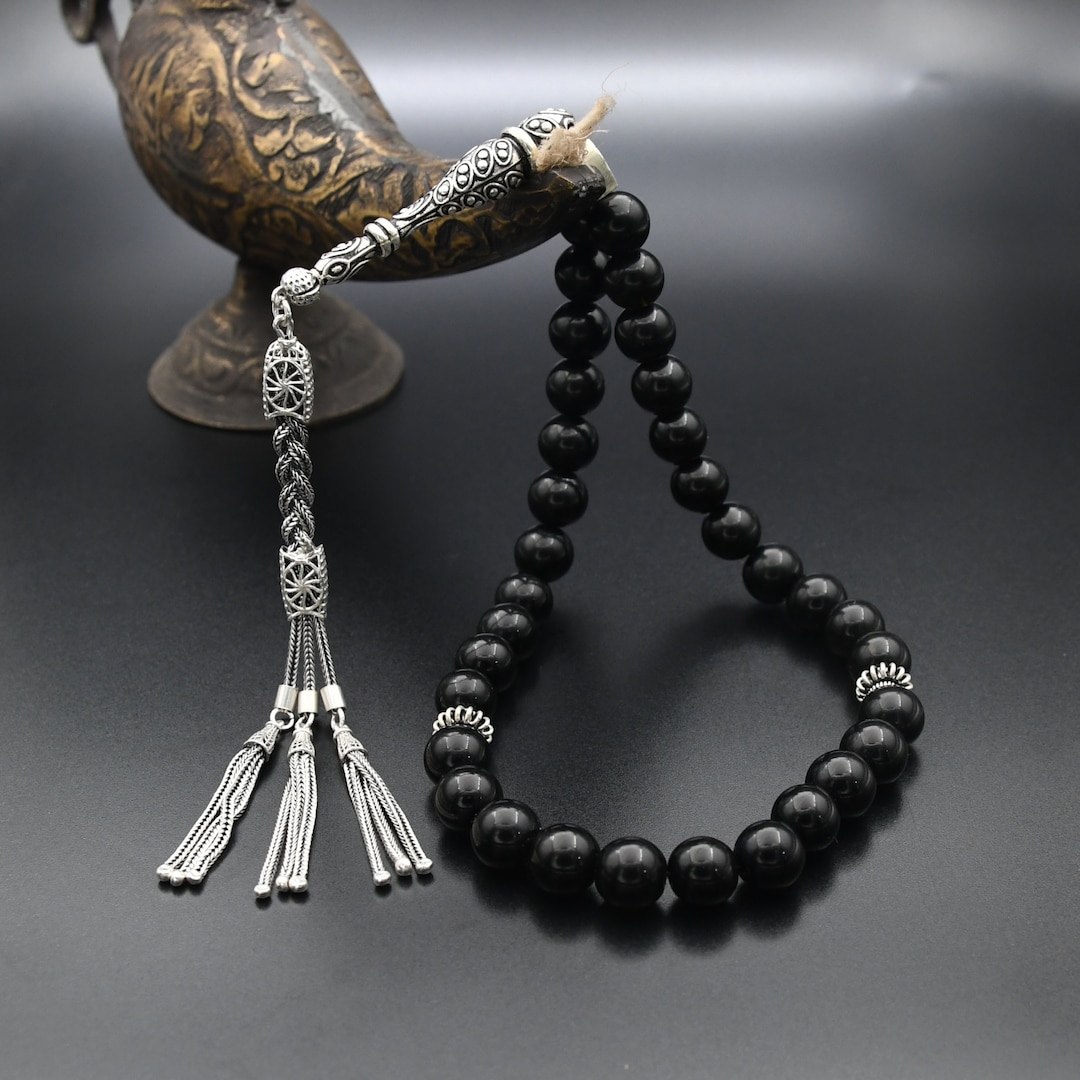 Natural Onyx Gemstone Tasbih, Turkish Prayer 33 Beads, 925 Sterling ...