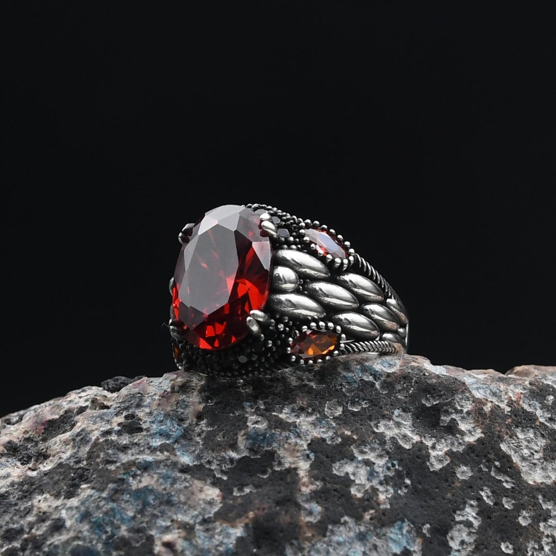 Handmade Turkish Ring, Garnet Gemstone Silver Men Ring, 925 Sterling ...