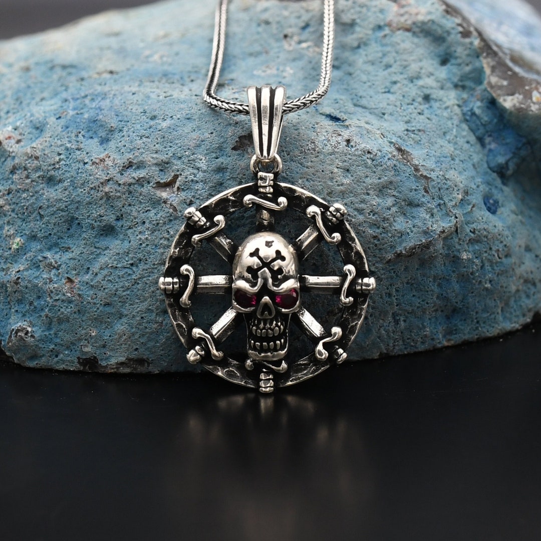 Skull With Ship Rudder Silver Necklace Skull Necklace 925 - Etsy