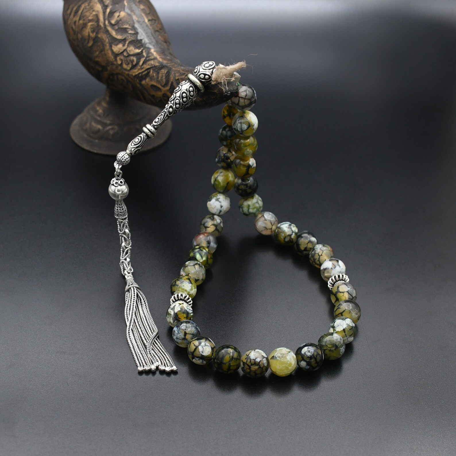925 Sterling Silver Prayer Beads, Natural Spider Agate Gemstone Tasbih ...