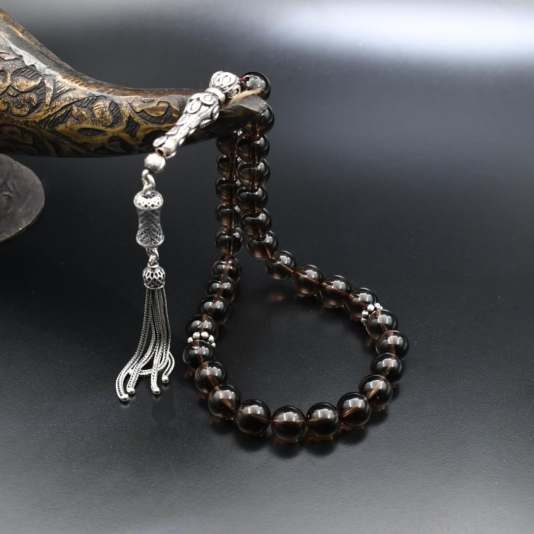Turkish 33 Prayer Beads, Natural Smoky Quartz Gemstone Tasbih, 925 ...