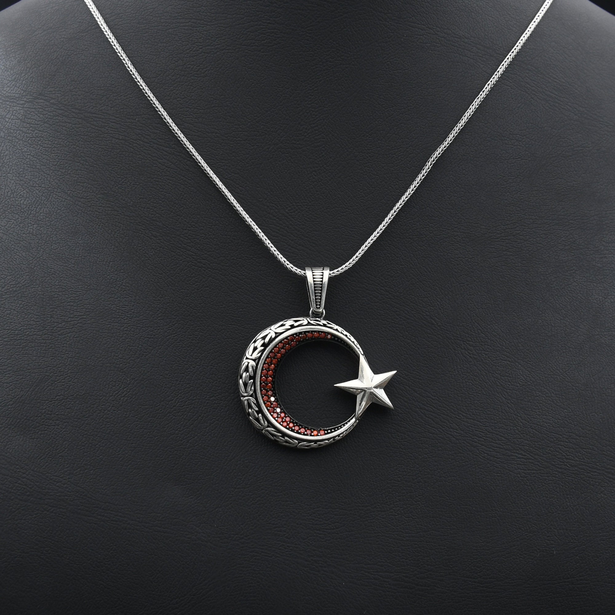 Crescent and Star Silver Necklace, Byzantine Chain Design Necklace ...