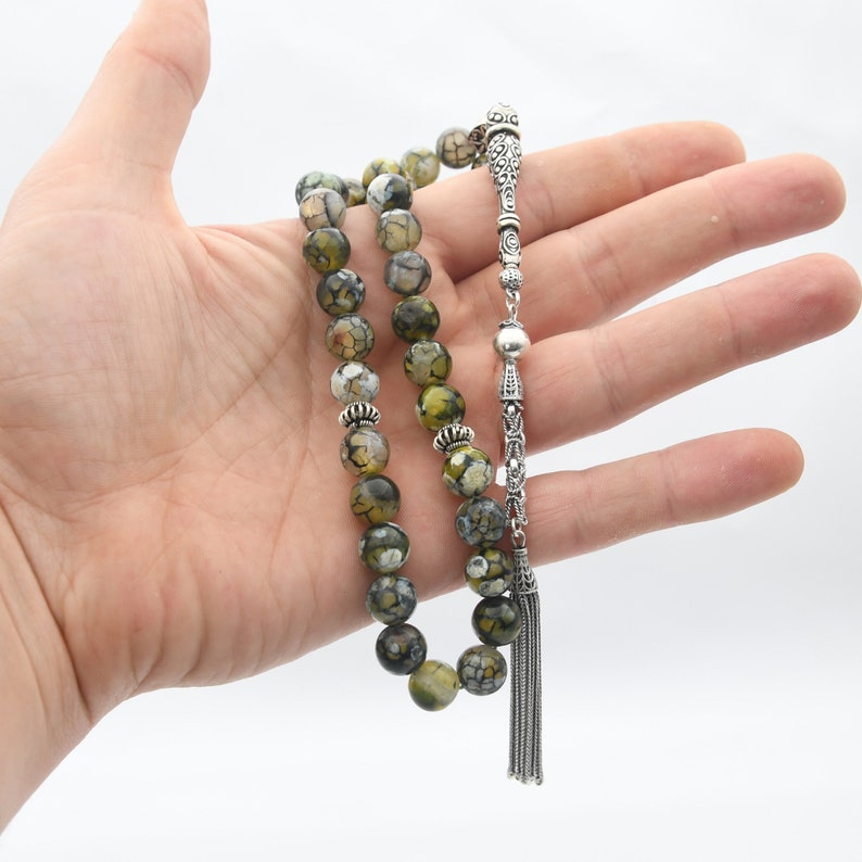 925 Sterling Silver Prayer Beads, Natural Spider Agate Gemstone Tasbih ...