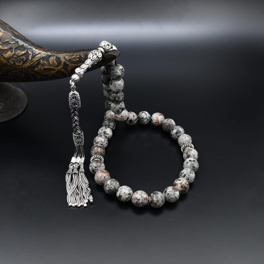 Natural Larvikite Gemstone Tasbih, 925 Sterling Silver Prayer Beads ...