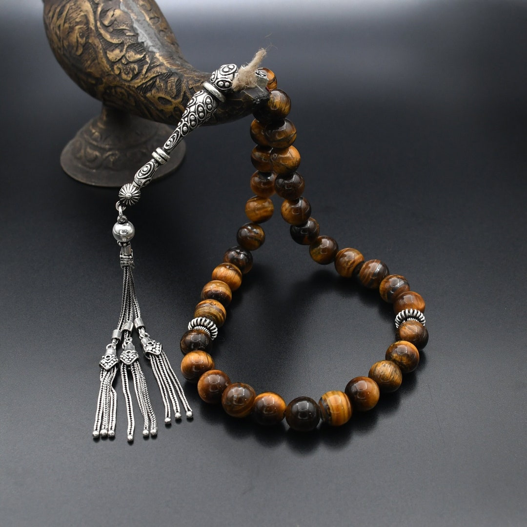 Tiger's Eye Gemstone Tasbih, Islamic Prayer 33 Beads, 925 Sterling ...