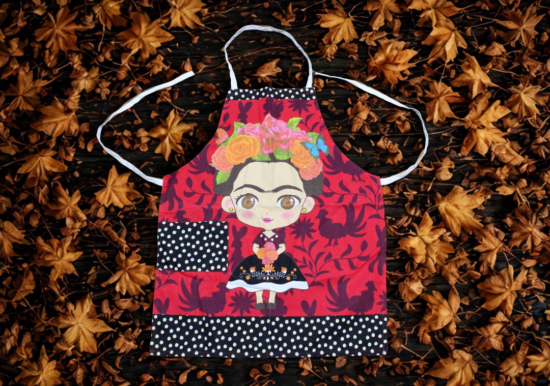 Handmade Frida Kahlo Red Apron. Mexican Kitchen Apron With Flowers ...