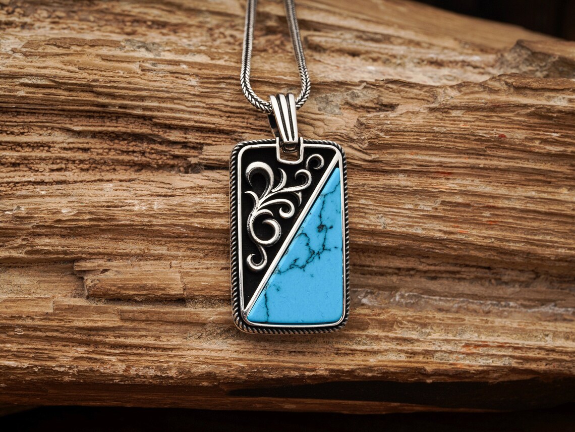 Turquoise Bar Necklace / Silver Pendant / Gemstone Silver - Etsy