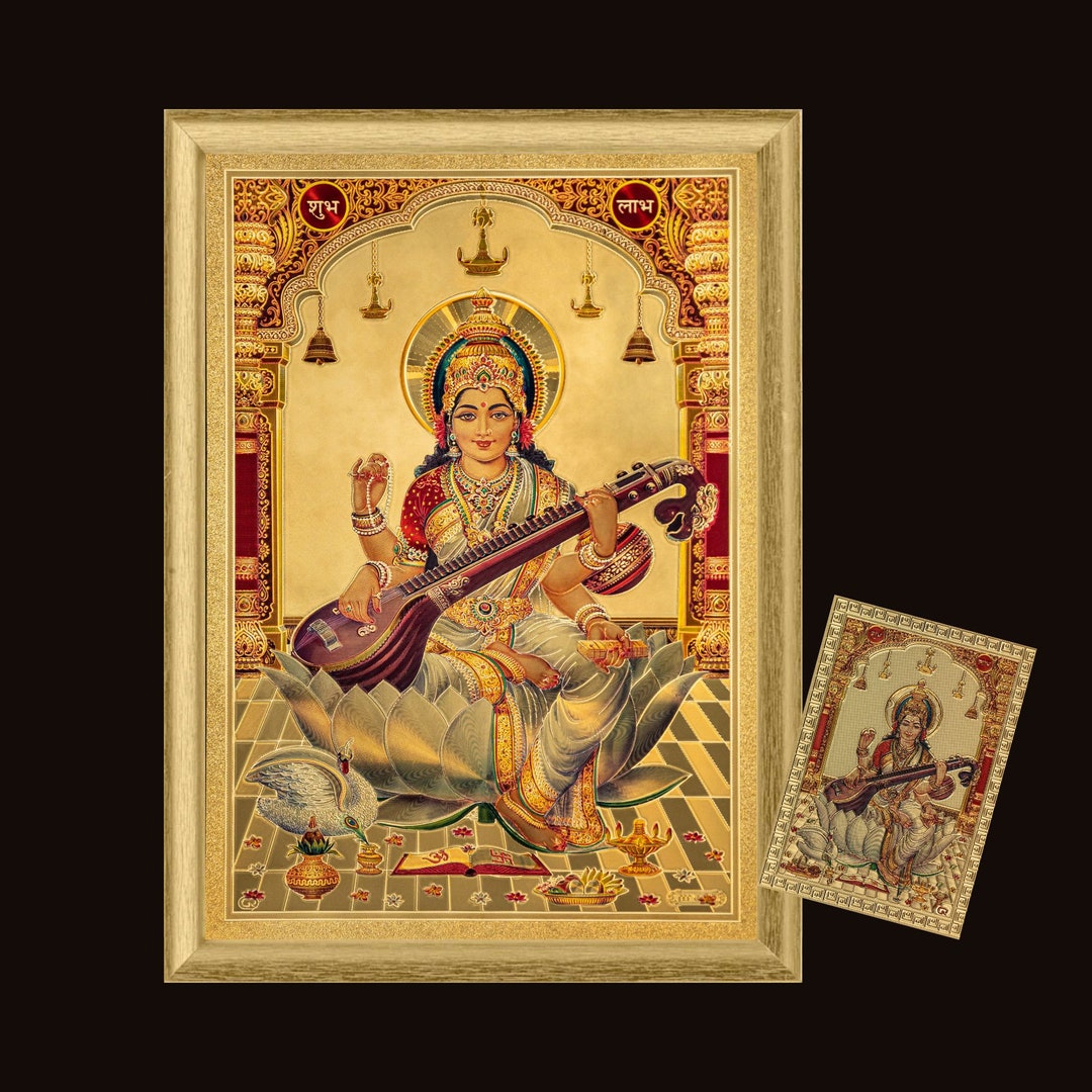 Goddess Saraswati, Sticker and Print Framed in a Golden Frame or ...