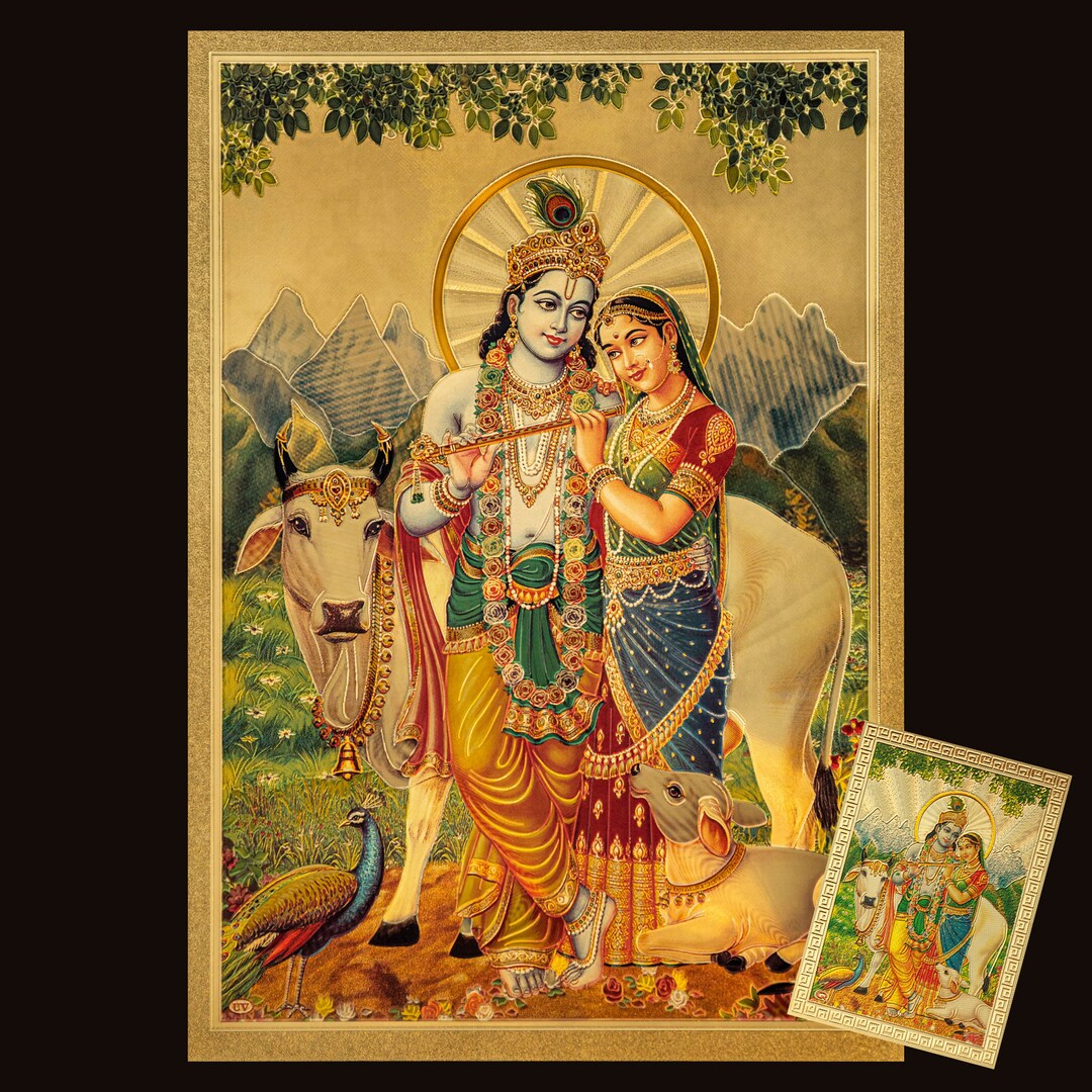 Radha Krishna With Cow Radha Krishna Sticker or Gold Foil - Etsy