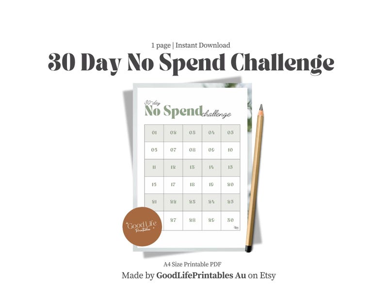 30 Day No Spend Challenge Printable A4 Portrait, Instant Download PDF ...