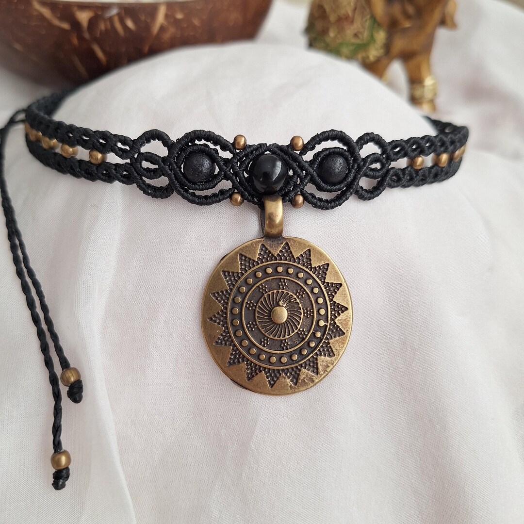 Bohemian Macrame Choker With Mandala Locket and Gemstone,black Macrame ...