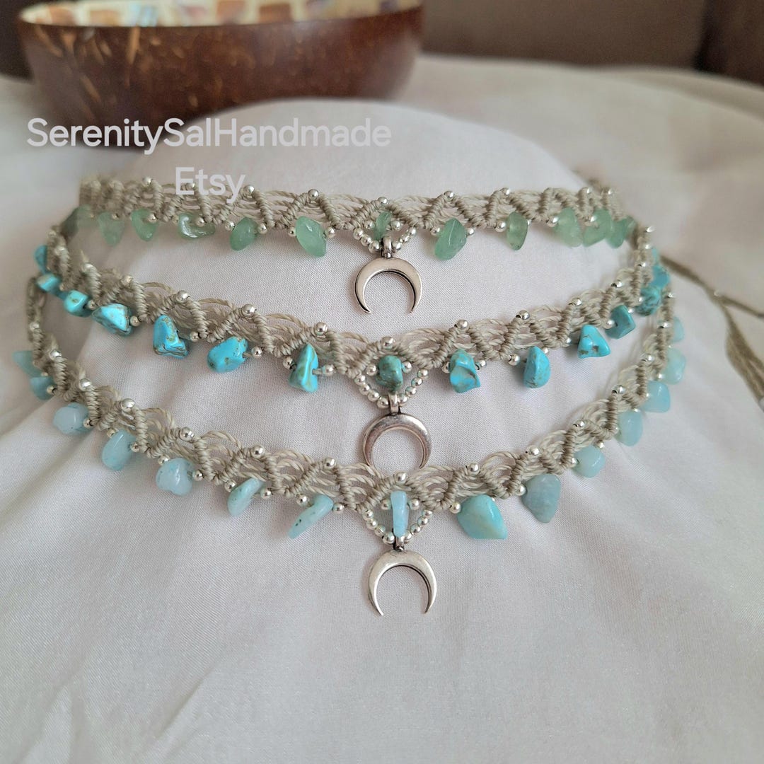 Bohemian Macrame Choker With Gemstone&crescent Moon,adjustable Macrame ...