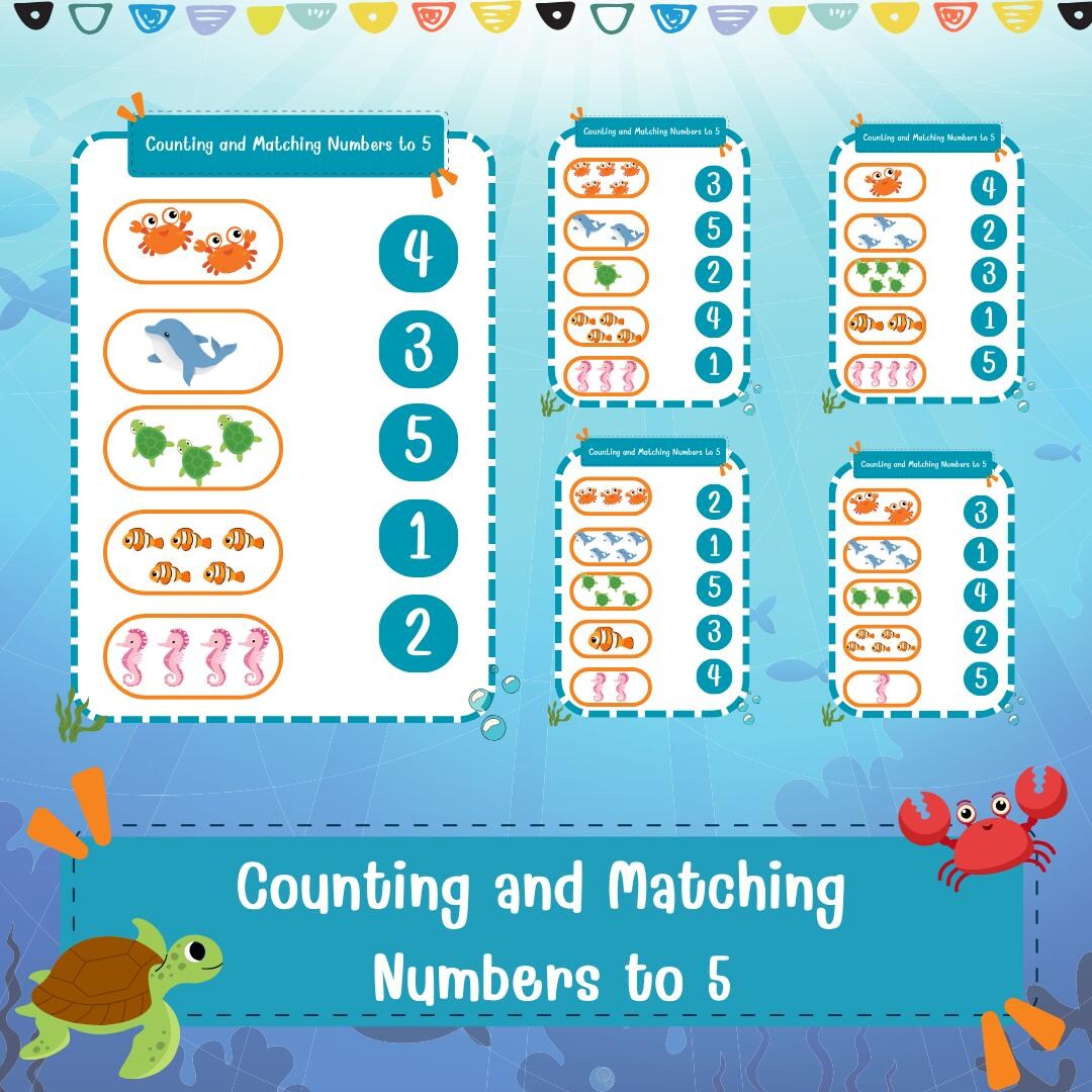 Ocean Animals Counting and Matching Numbers to 5, Activity Worksheets ...
