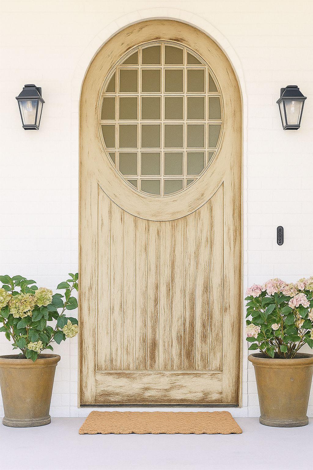 Arched Solid Wood Front Door, Rustic Whitewash, Round Glass - Etsy
