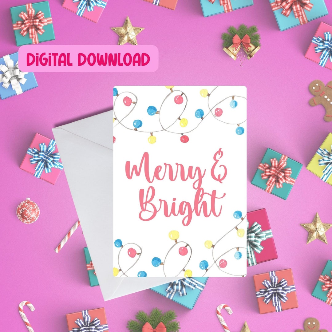 Merry and Bright Christmas Card , Digital Download, Printable Christmas ...