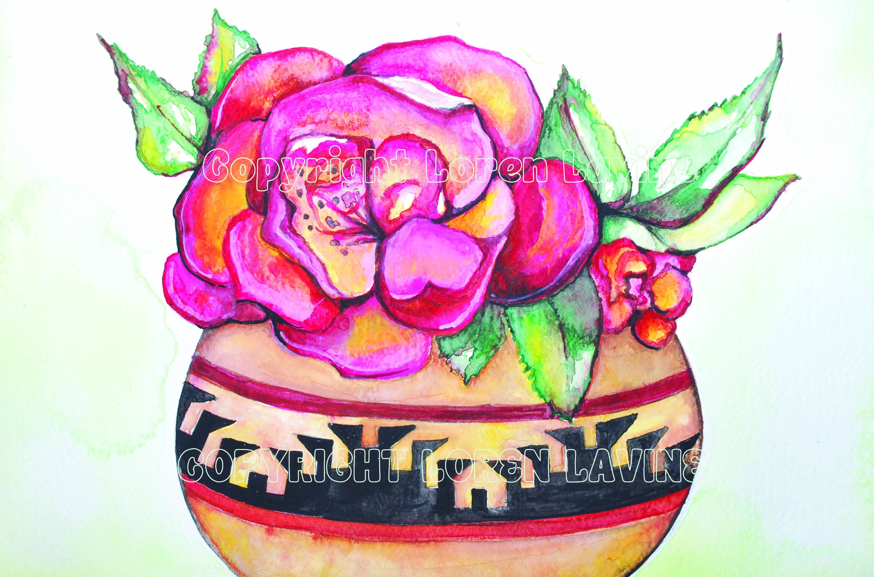 Native American Basket Rose Print Girls Room Floral Watercolor by Loren ...