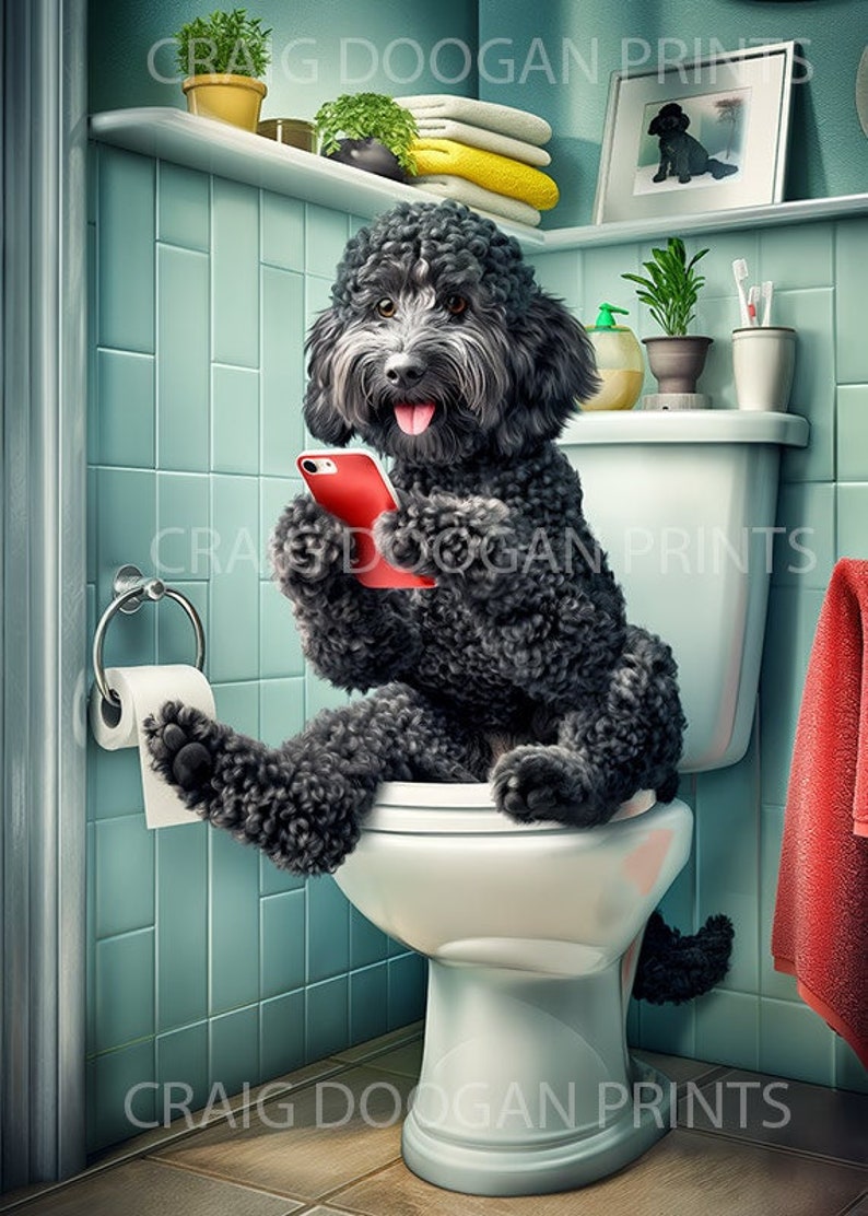 Black Cockapoo on the Toilet, Funny Toilet Humour Dog on Phone Print - Etsy