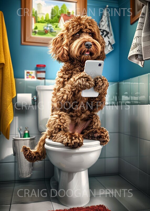 Brown Cockapoo on the Toilet, Funny Toilet Humour Dog on Phone Print - Etsy