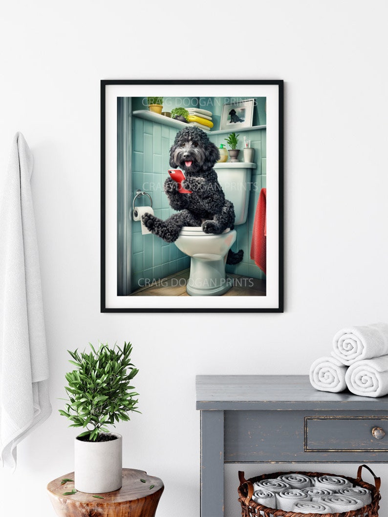 Black Cockapoo on the Toilet, Funny Toilet Humour Dog on Phone Print - Etsy