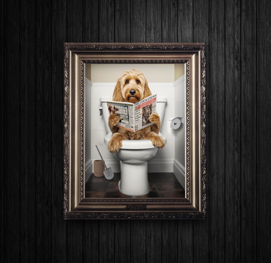 Cockapoo on the Loo, Funny Toilet Humour Dog Reading Newspaper Print ...