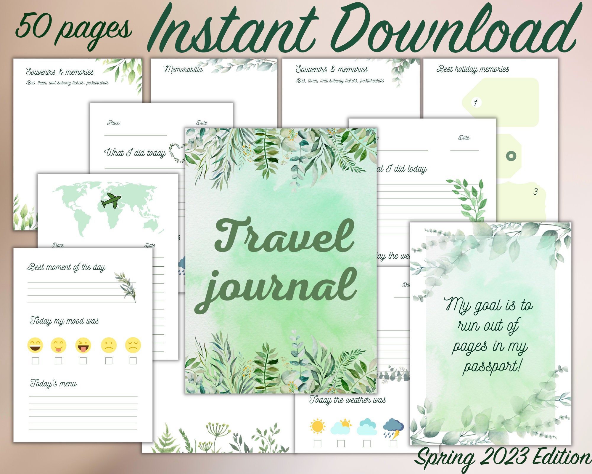 Digital Travel Journal | Spring Greenery Theme | Printable and ...
