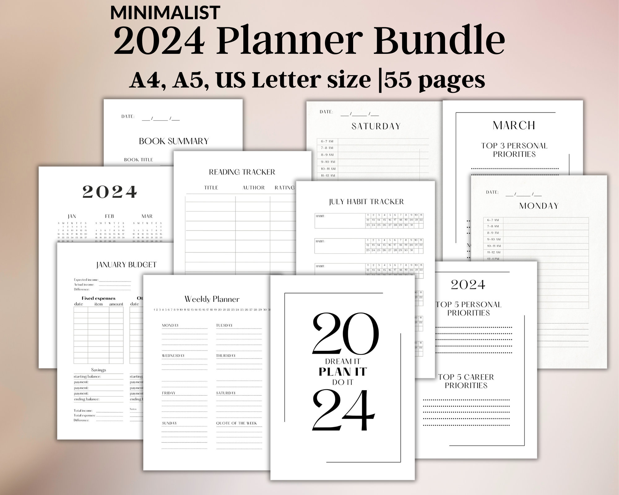 2024 Printable Planner Bundle, Minimalist Year Planner, Budget Tracker ...