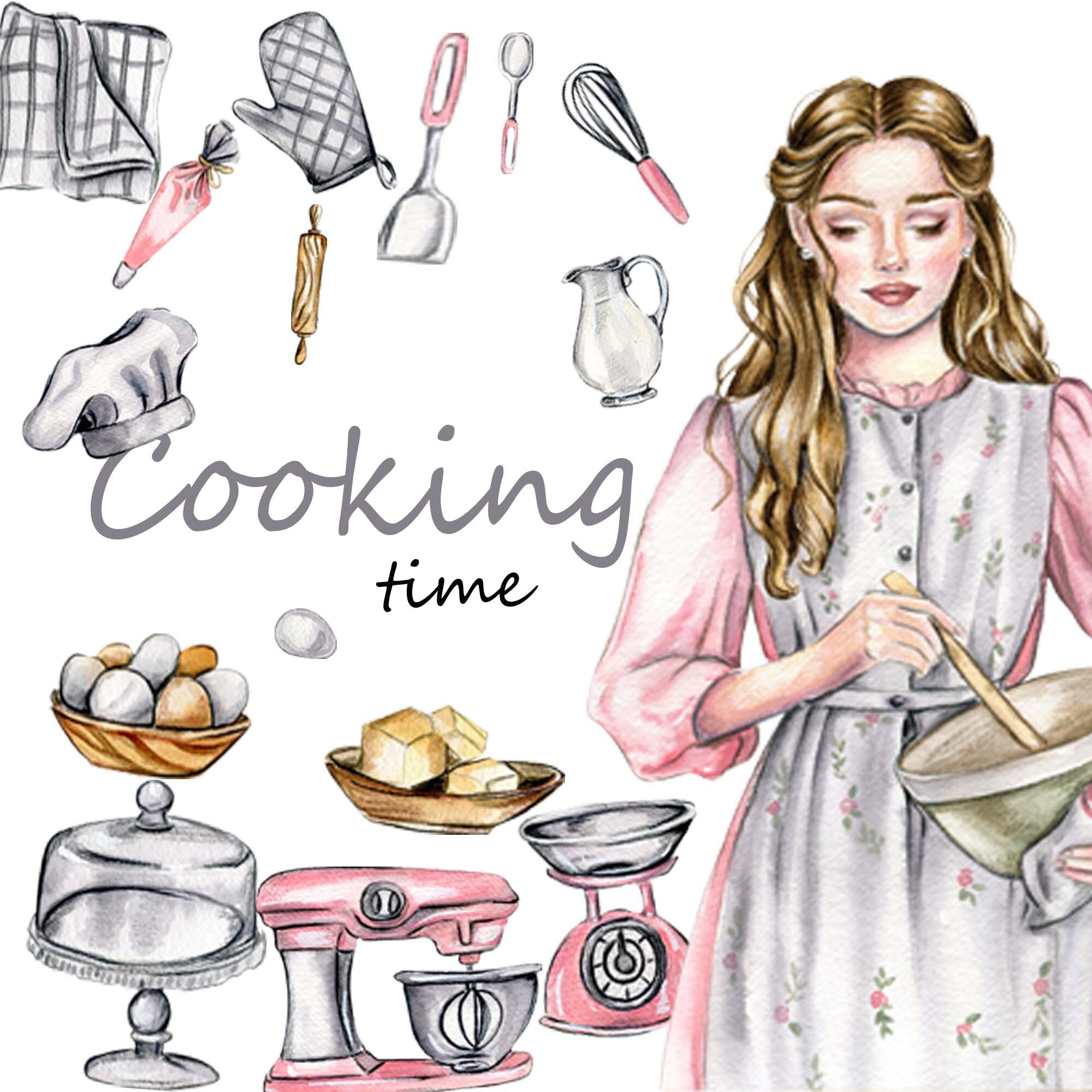 COOKING GIRL CLIPART, Food Clipart, Watercolor Hand Drawn Kitchen ...