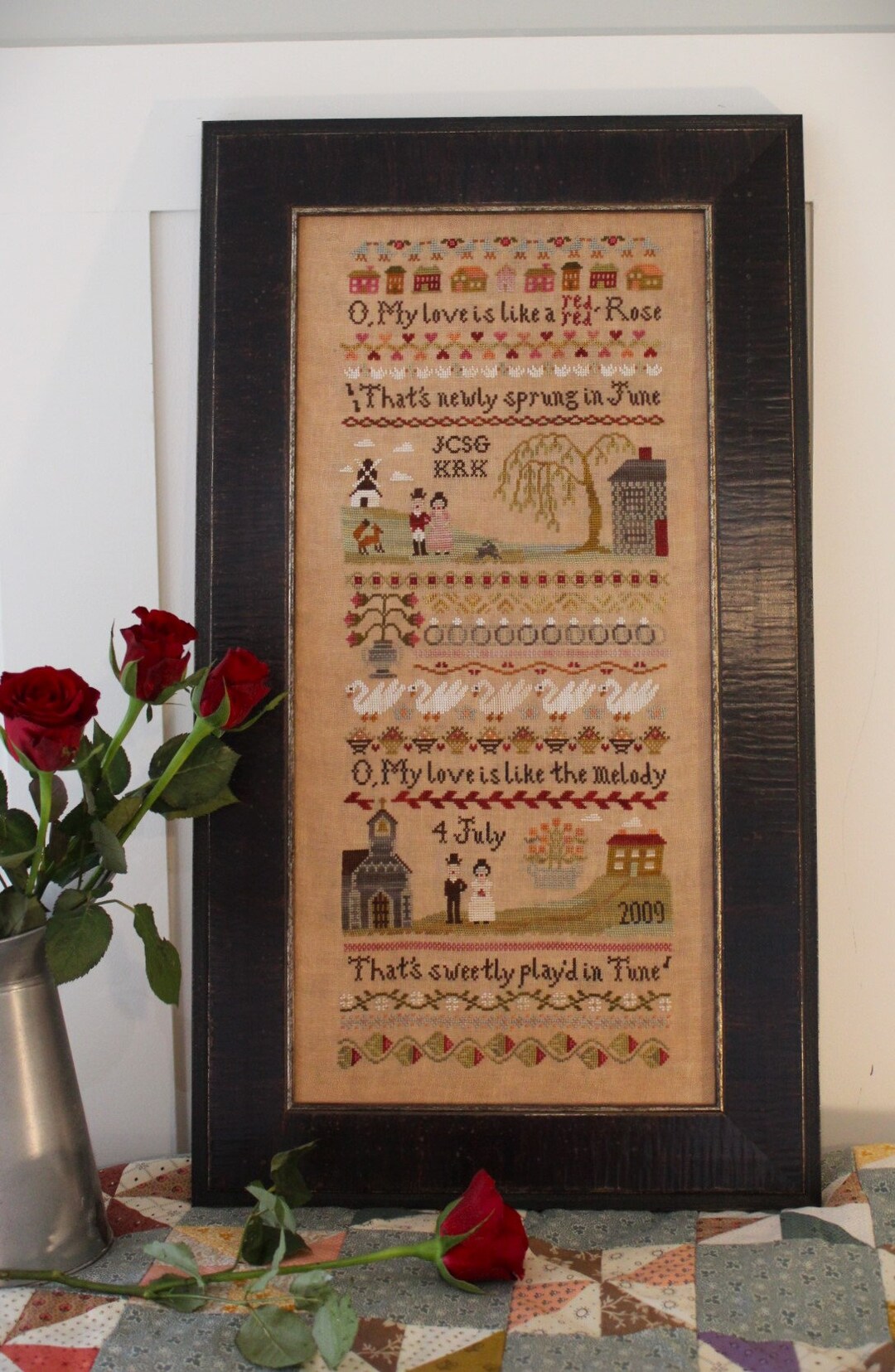 Red, Red Rose Sampler , Wedding Sampler Cross Stitch Pattern, Primitive ...