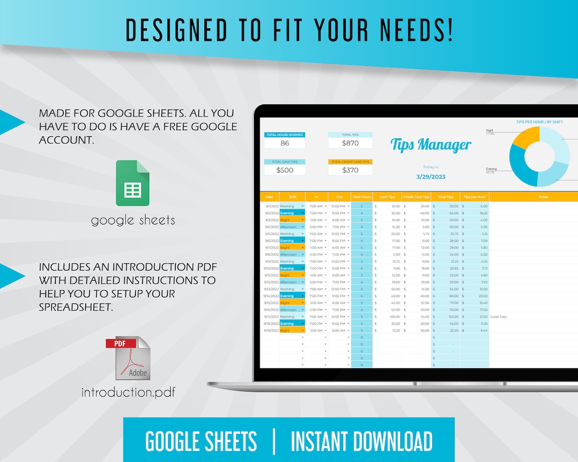 Tip Tracker, Tip Spreadsheet, Google Sheets, Income Spreadsheet ...