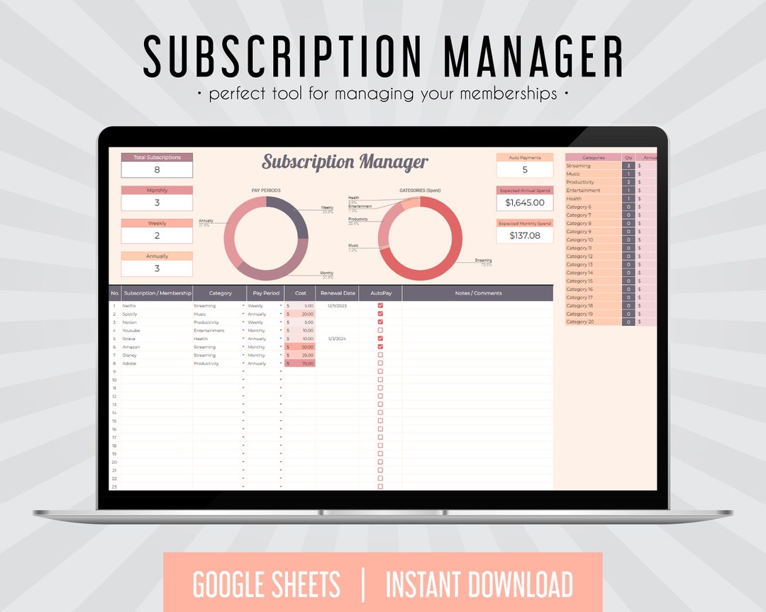 Membership Tracker, Subscription Tracker, Spreadsheet Template, Google Sheets, Financial Planner ...
